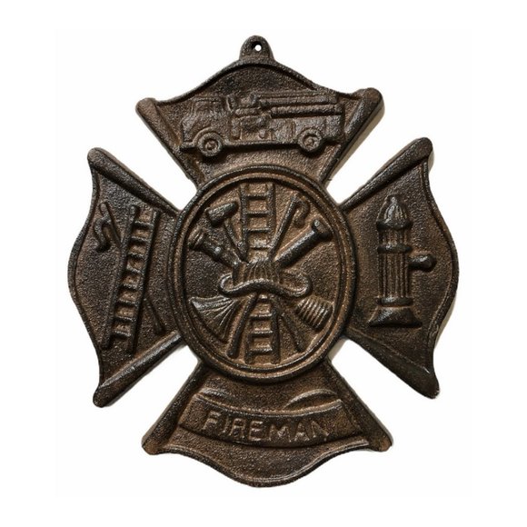 Cast Iron | Accents | Cast Iron Fireman Emblem Shield Logo Wall Plaque ...